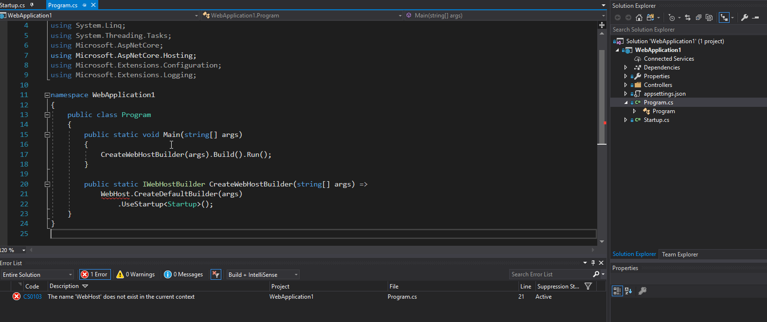 The name "WebHost" does not exist · Issue #4787 · dotnet/aspnetcore · GitHub