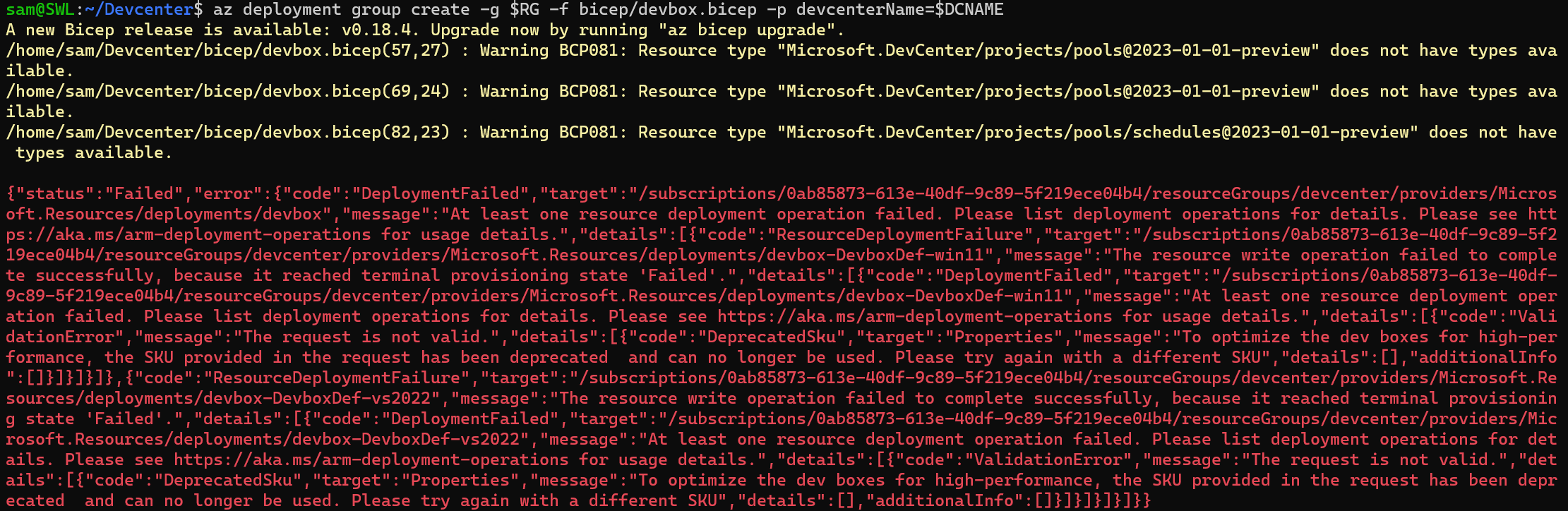 Error | The SKU provided in the request has been deprecated and can no longer be used. Please ...