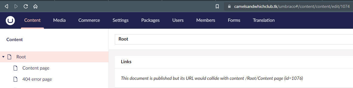 This document is published but its URL would collide with content /Root/Content page · Issue ...