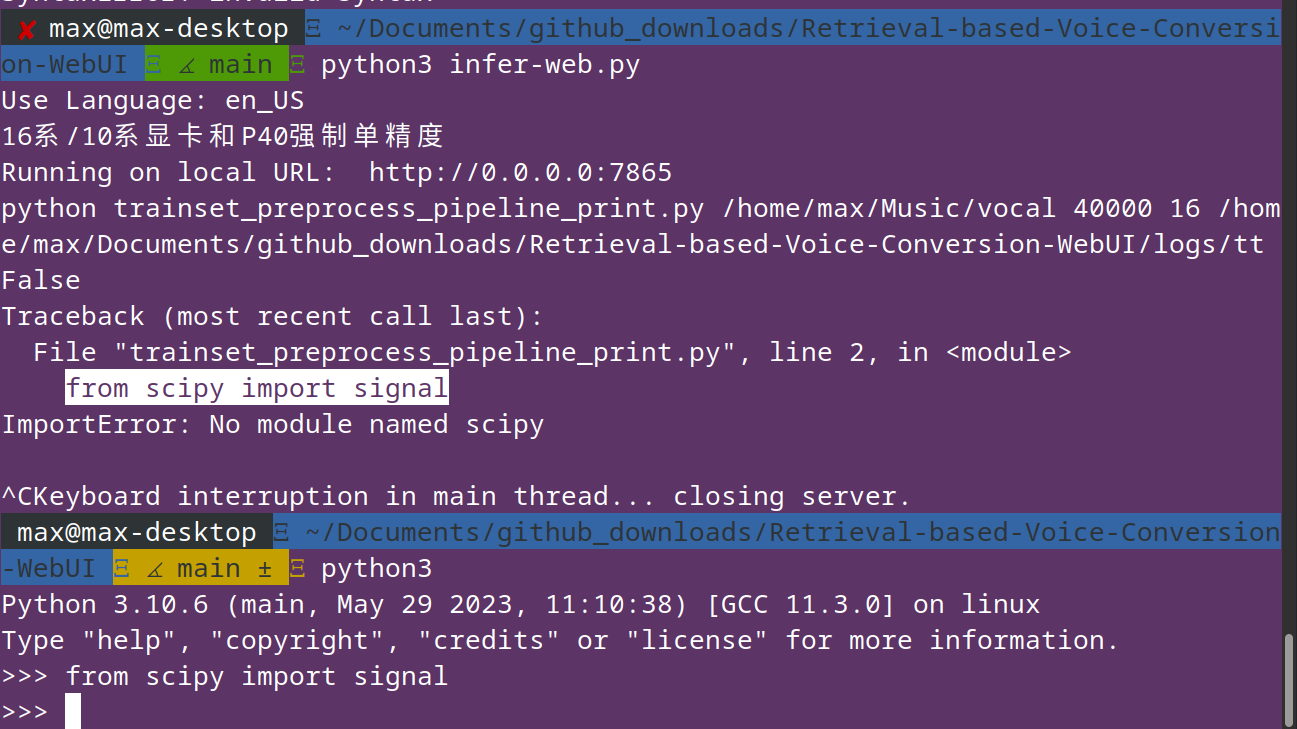"ImportError: No module named scipy" on step 2a · Issue #463 · RVC-Project/Retrieval-based-Voice ...