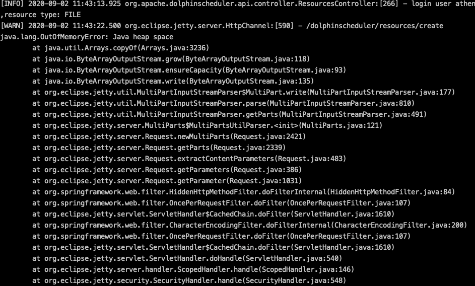 [Bug][API] OOM occurs when uploading large files · Issue #3643 · apache/dolphinscheduler · GitHub
