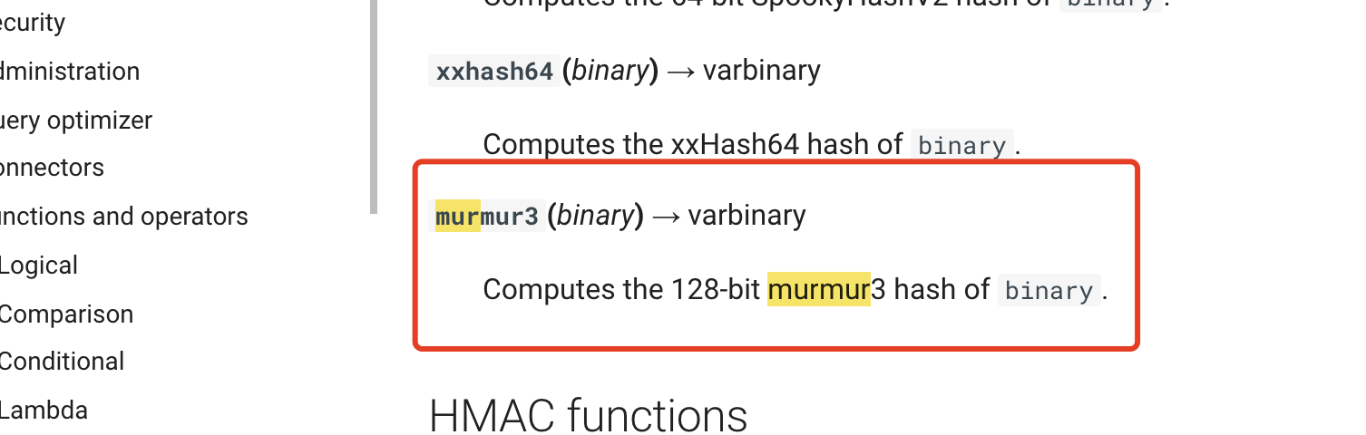 Document murmur3 hash function · Issue #7664 · trinodb/trino · GitHub
