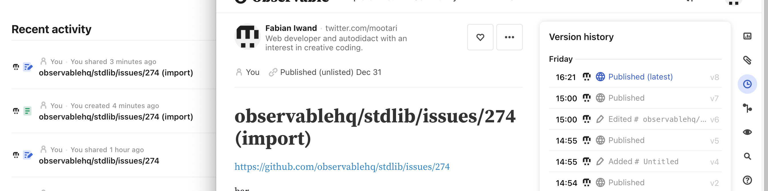 Activity timeline reports wrong created time · Issue #331 · observablehq/feedback · GitHub