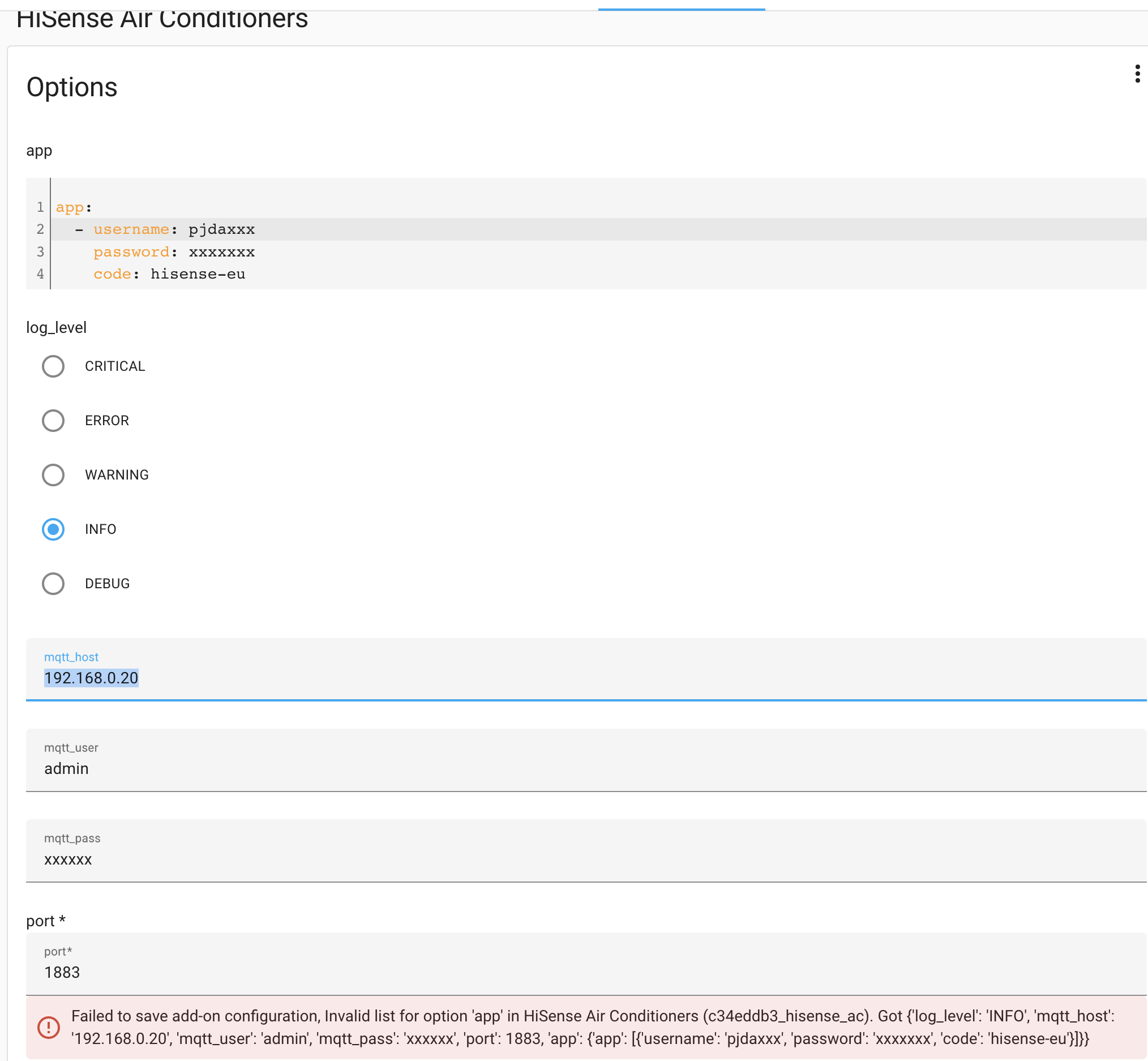 Failed to save add-on configuration, Invalid list for option 'app' in HiSense Air Conditioners ...