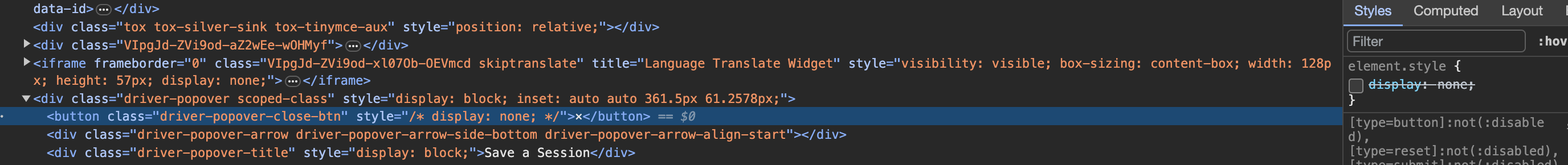 Highlight method doesn't show "X" to close, appears to be marked with style='display:none ...