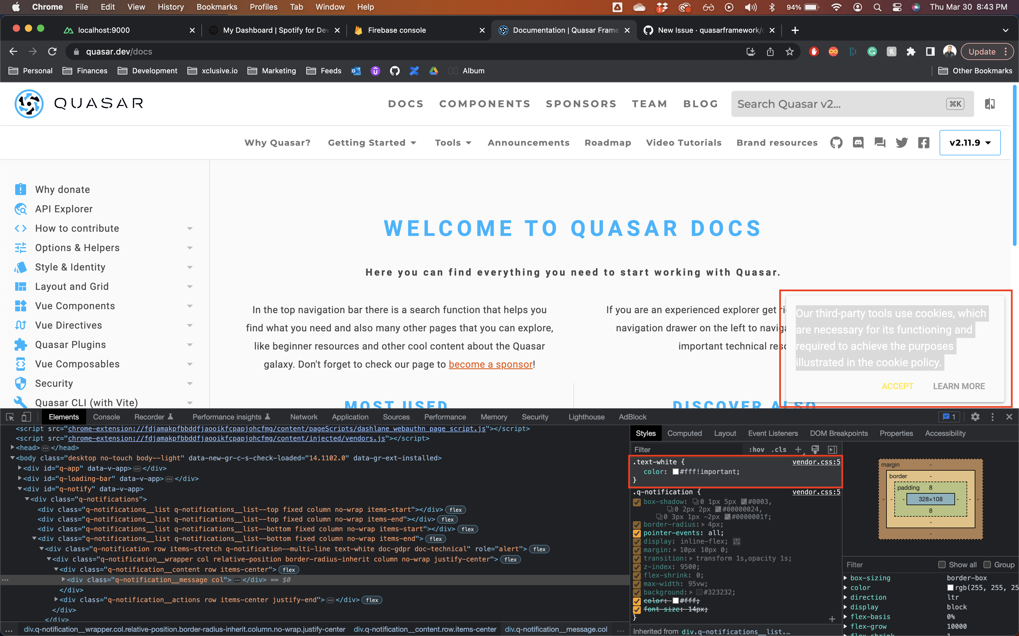 Cookies Notify Text Is Not Legible When In Light Mode · Issue 15655 · Quasarframeworkquasar