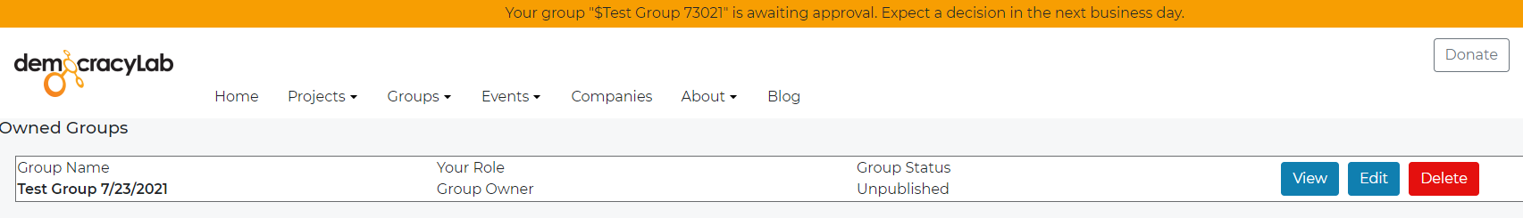 Header message "Your project/group/event '$name' is awaiting approval" has extra $ in entity ...