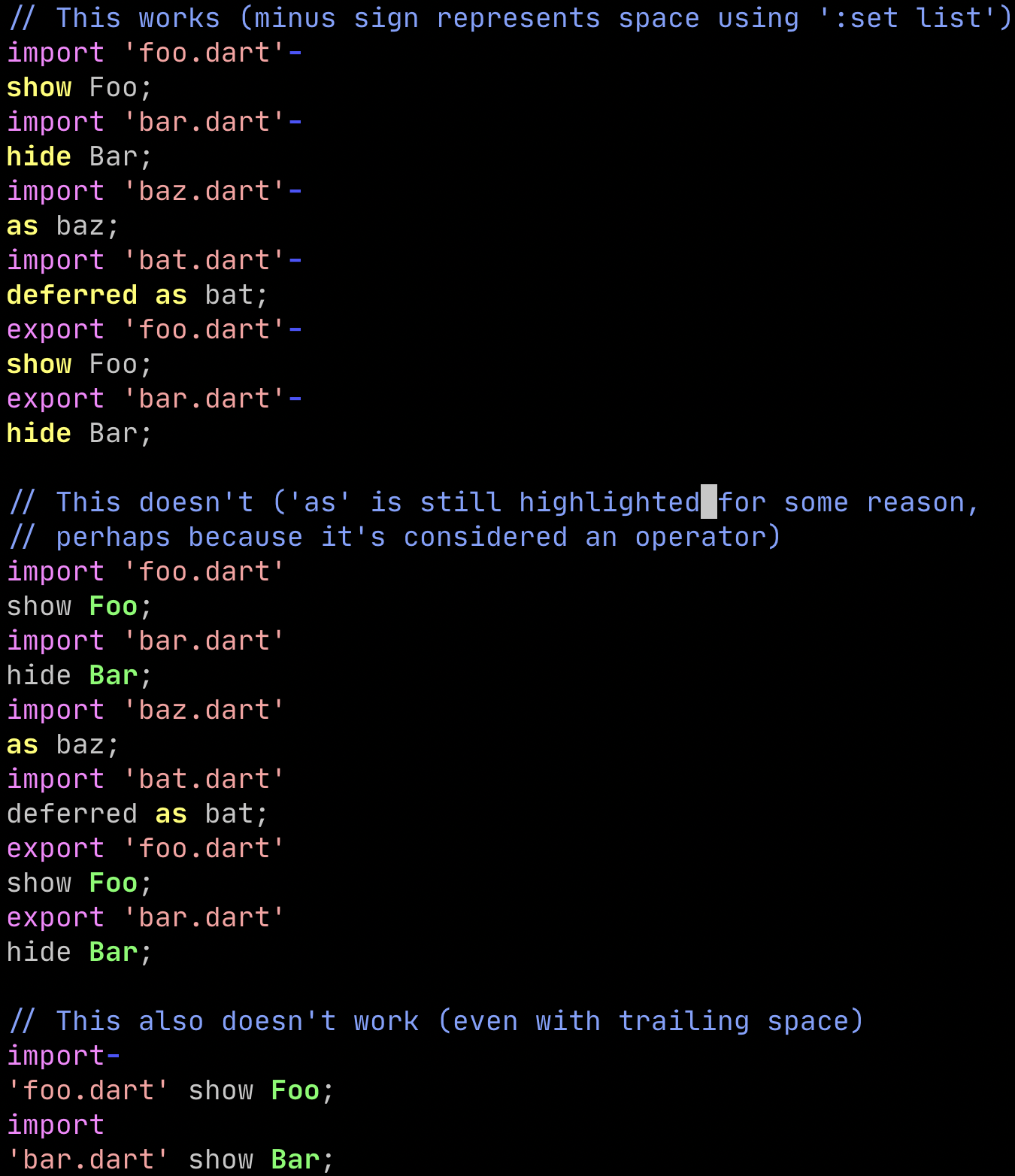 show, as, deferred, and hide aren't highlighted in newline without trailing space in previous ...