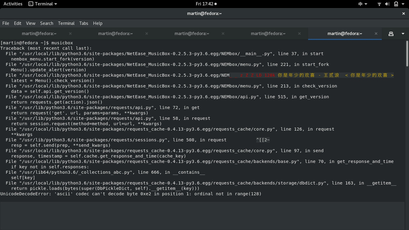 UnicodeDecodeError, can't use keyboard · Issue #764 · darknessomi/musicbox · GitHub