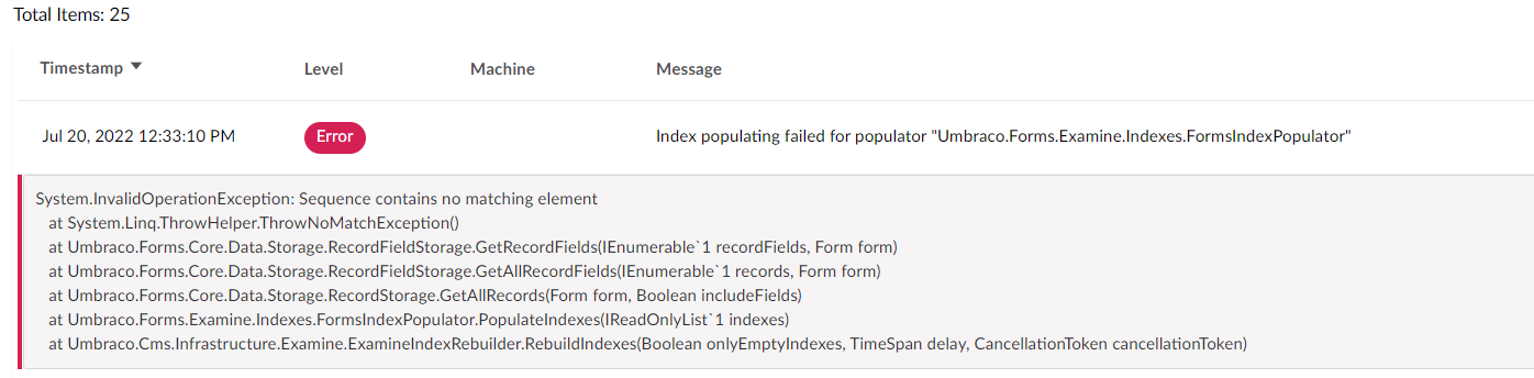 Index populating failed for populator "Umbraco.Forms.Examine.Indexes.FormsIndexPopulator ...