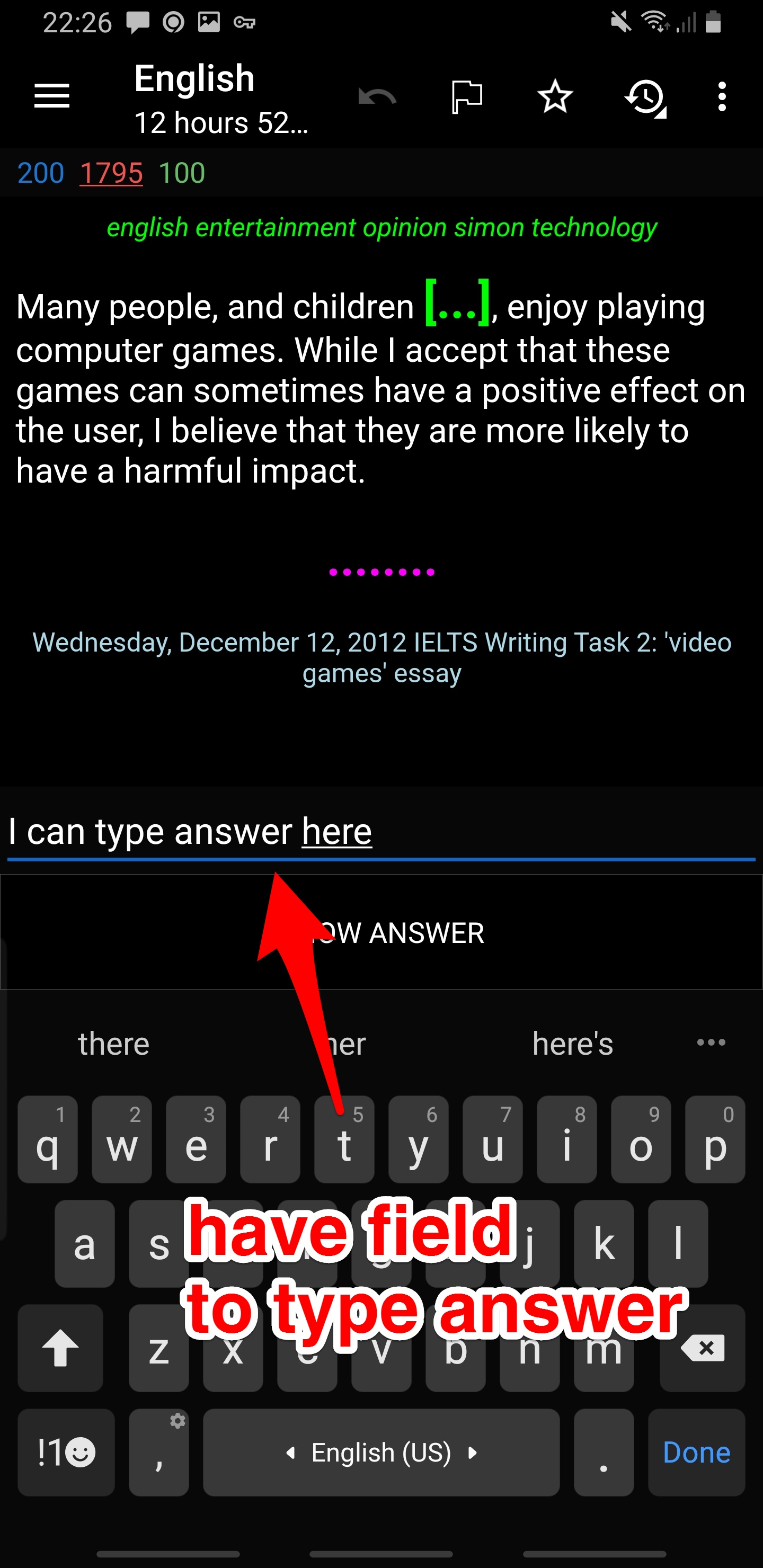 Cloze "type answer" training doesn't give possibility to type answer ...