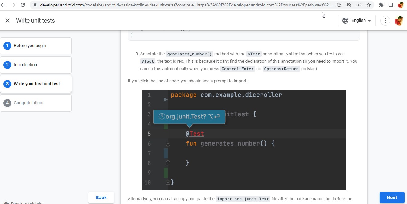 Android Basics issue: It seems ALT+ENTER works to import the org.junit.text instead of CTRL ...