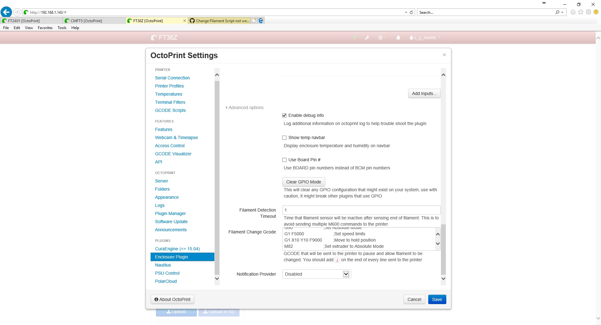 Change FIlament Script not working. · Issue #73 · vitormhenrique/OctoPrint-Enclosure · GitHub