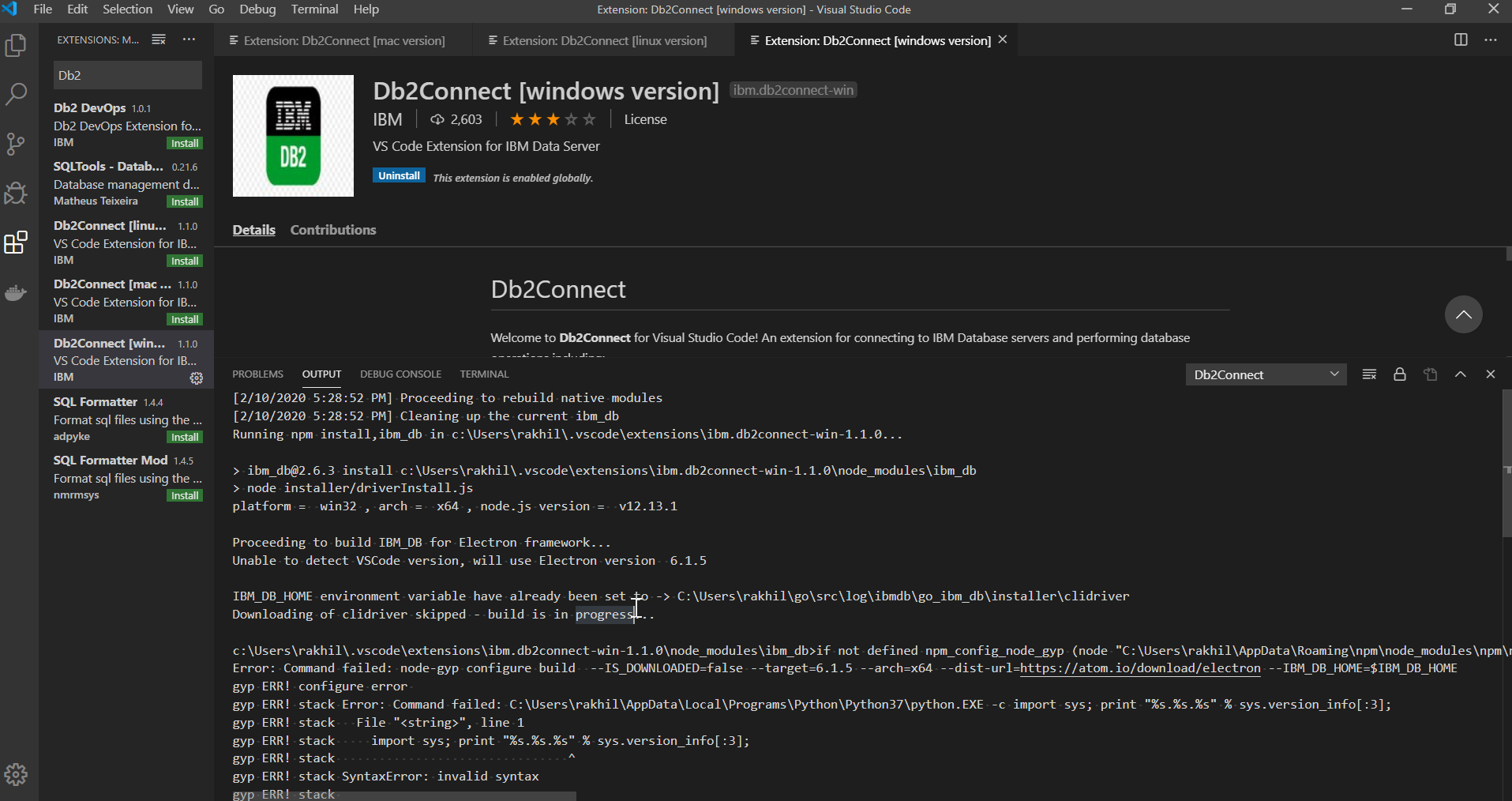 Extensions not working · Issue #10 · ibmdb/vscode-extension · GitHub
