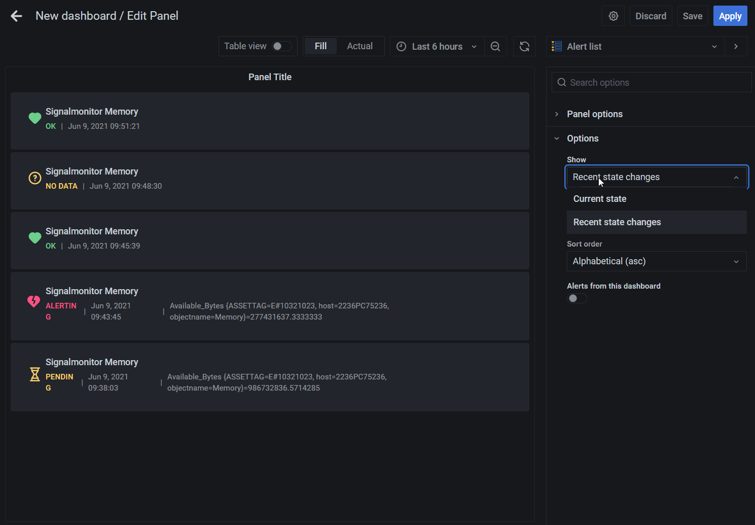 Grafana 8.0.0: Alert list - sorting bug if show = Recent state change ... Grafana 8.0.0: Alert list - sorting bug if show = Recent state change ...