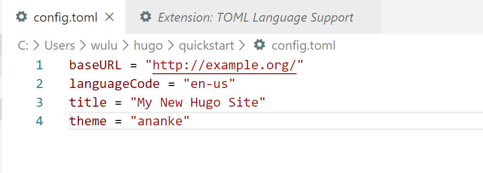 Error: "C:\Users\wulu\hugo\config.toml:1:1": unmarshal failed: Near line 0 (last key parsed ...