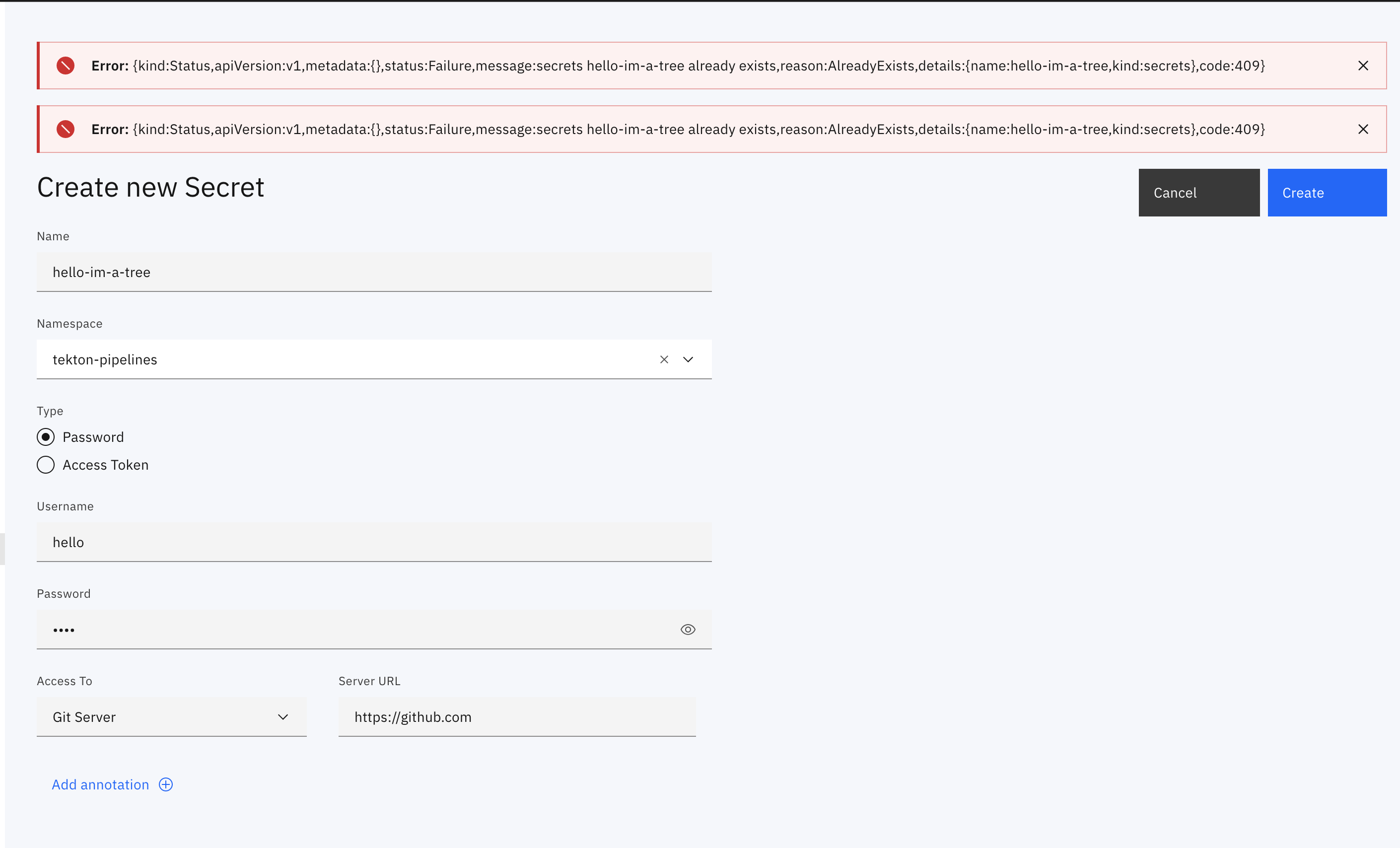 Get 2 identical errors when creating a secret that already exists · Issue #1144 · tektoncd ...