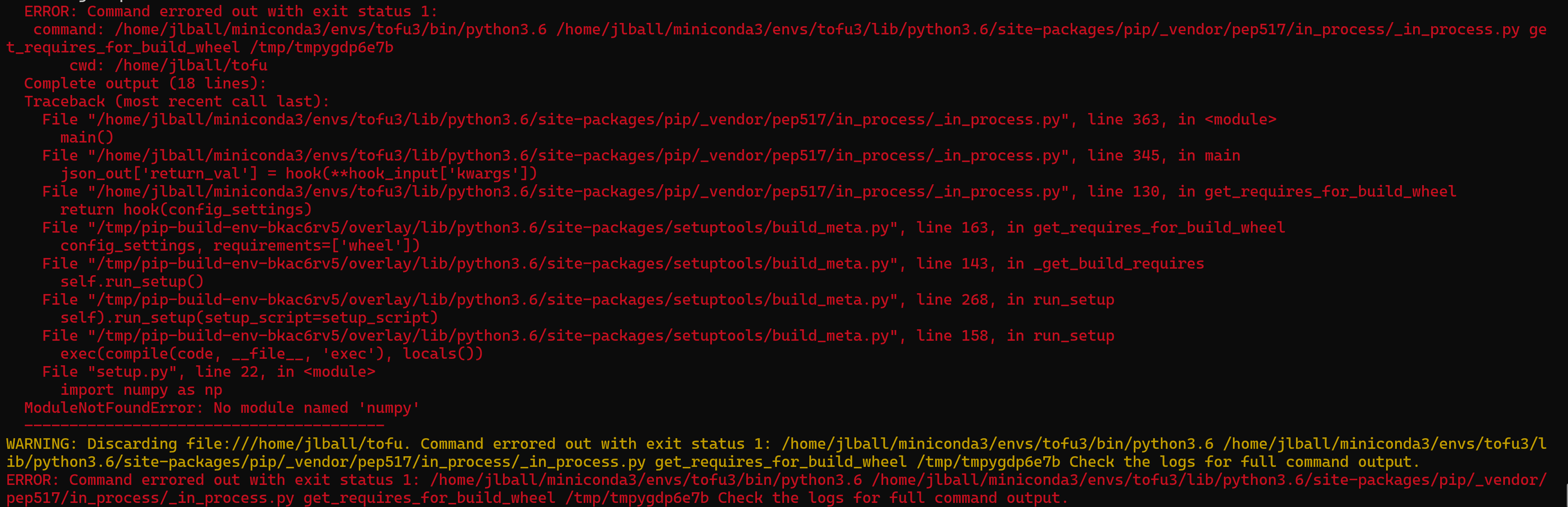 Pip Installation Failing With Modulenotfound Error Numpy · Issue 731 · Tofuprojecttofu · Github 