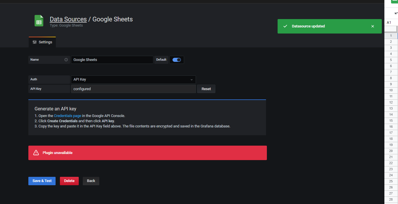 After installing the addon with plugin grafana-googlesheets-datasource, plugin unavailable ...