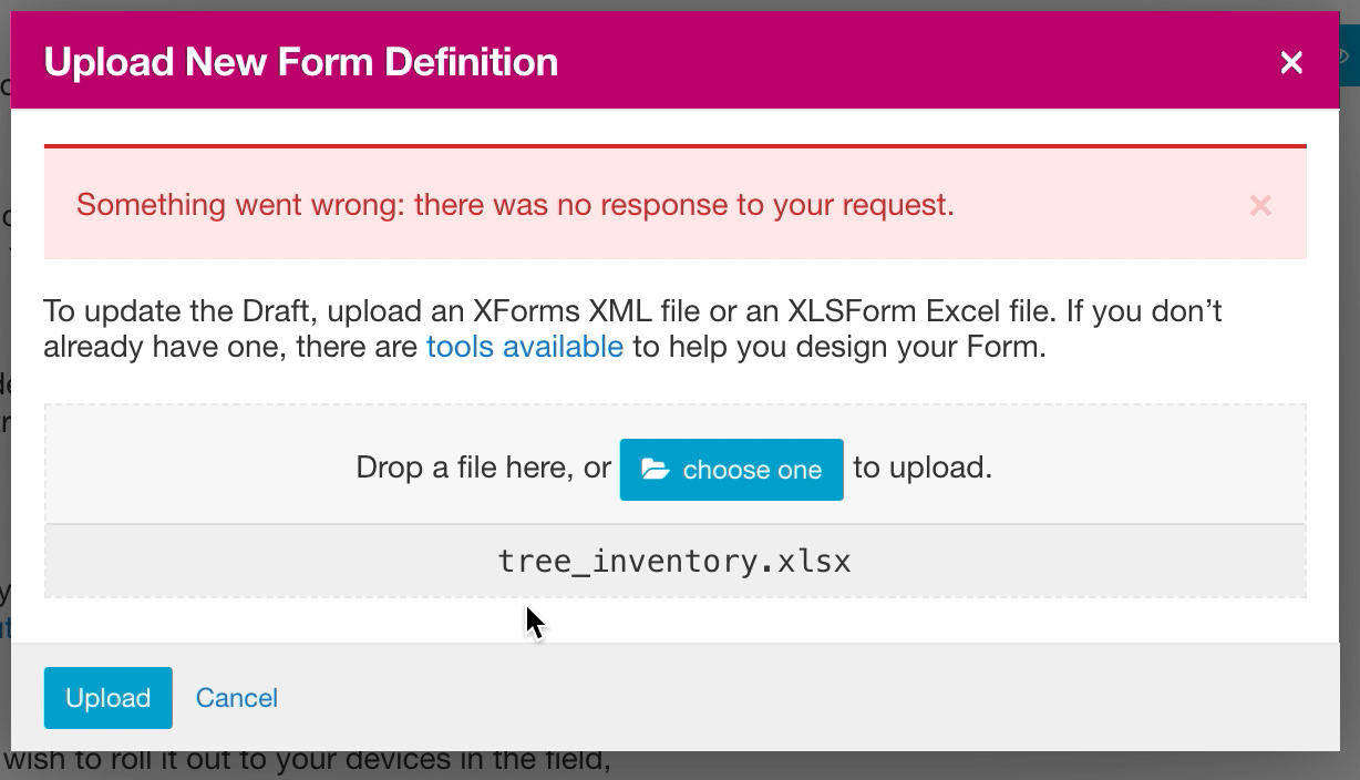 Uploading new form definition without closing dialog results in error · Issue #387 · getodk ...