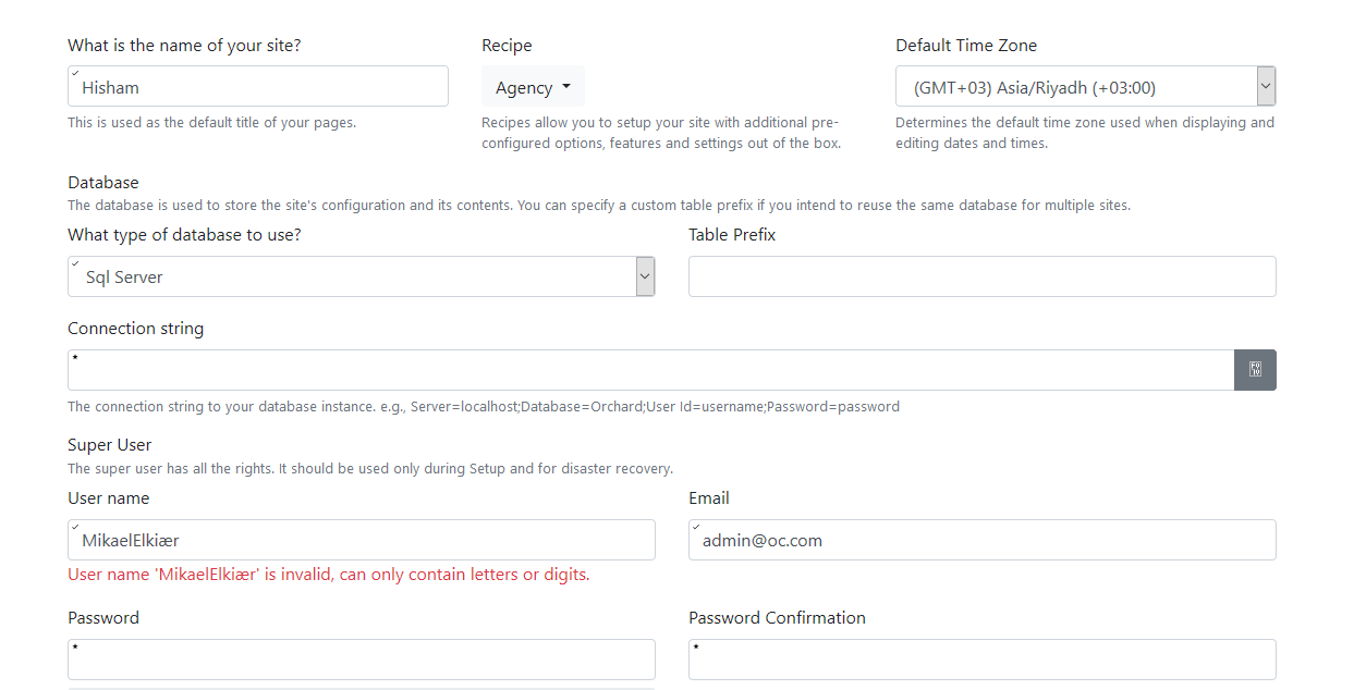 Setup page throws error on bad user-name, despite creating db tables · Issue #1665 · OrchardCMS ...