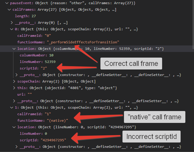Hermes engine sends redundant "native" call frames in Debugger.paused event during debugging ...