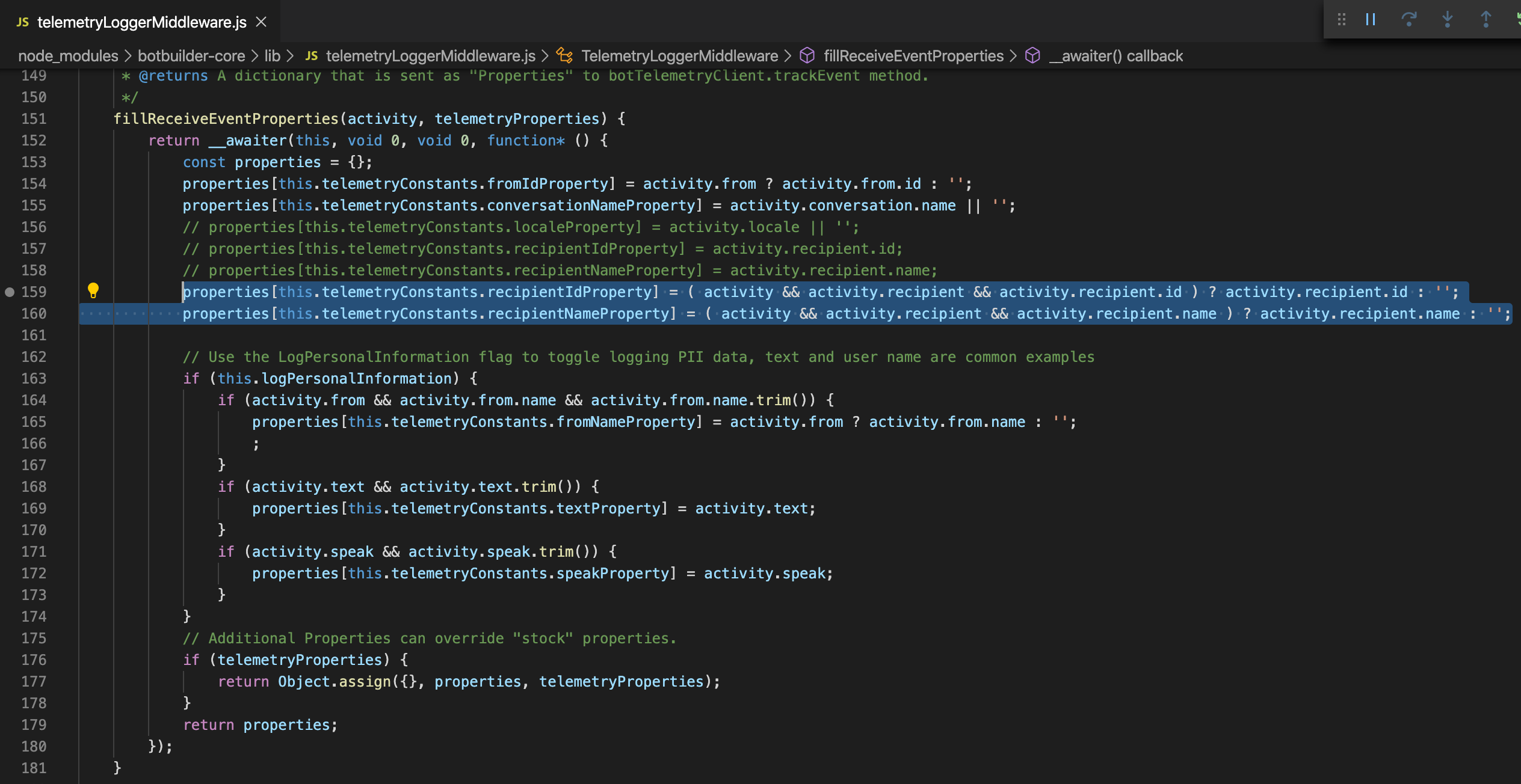 telemetryLoggerMiddleware code issue for TS · Issue #2274 · microsoft/botbuilder-js · GitHub