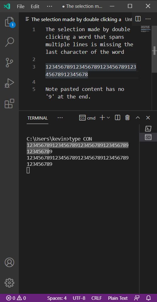 Selecting a multiline word in the terminal by double-clicking misses ...