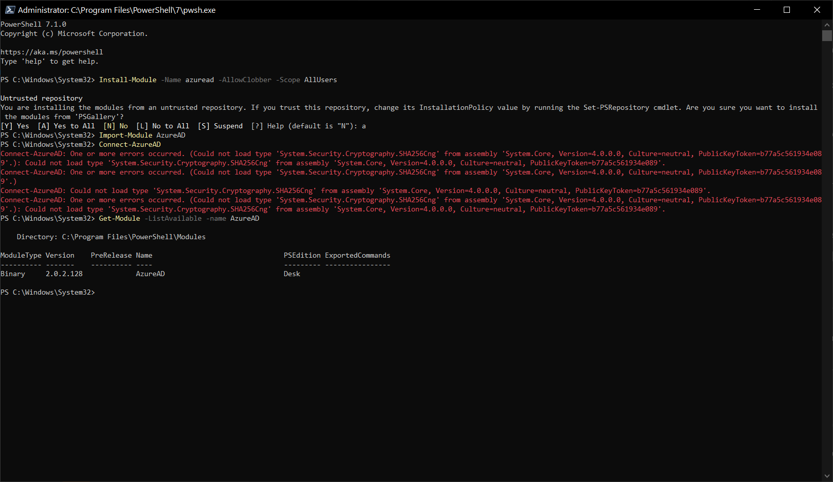 Connect-AzureAD Could not load type 'System.Security.Cryptography.SHA256Cng' from assembly ...