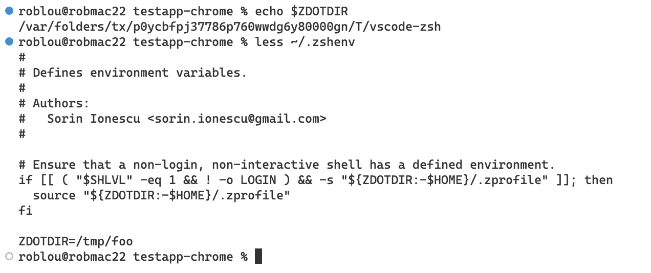 ZDOTDIR set to /usr/tmp/vscode-zsh with Shell Integration enabled ...