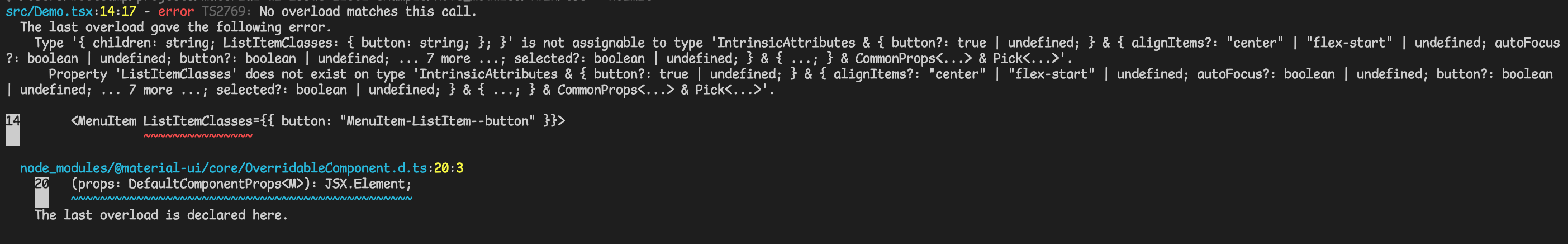 Use of ListItemClasses prop on MenuItem component leads to typescript compilation crash. (No ...