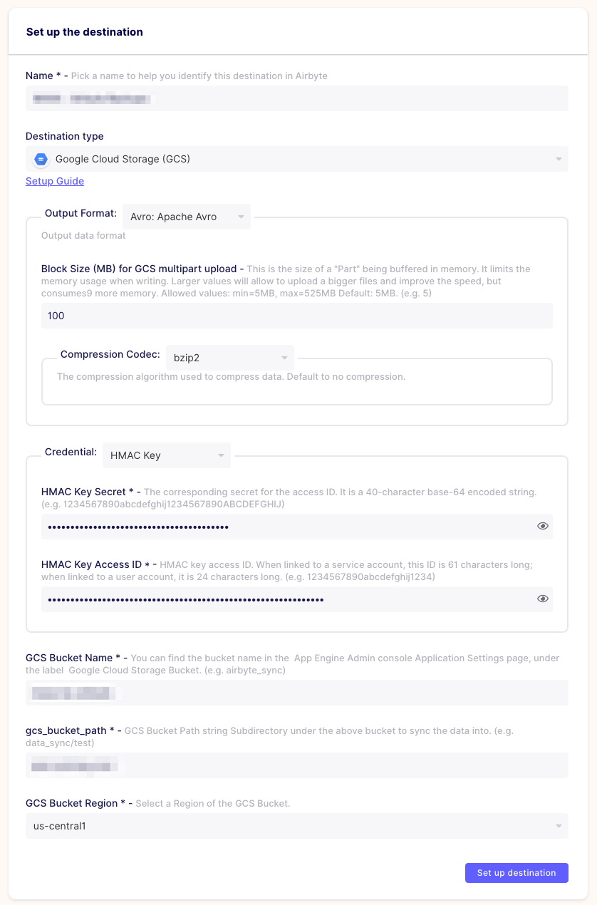 🐛 Destination GCS: `Set up destination` button does nothing when setting up a destination with ...