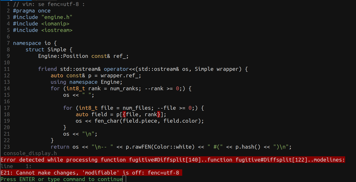 Diffing staged changes gives "E21: Cannot make changes, 'modifiable' is off: fileencoding=UTF-8 ...