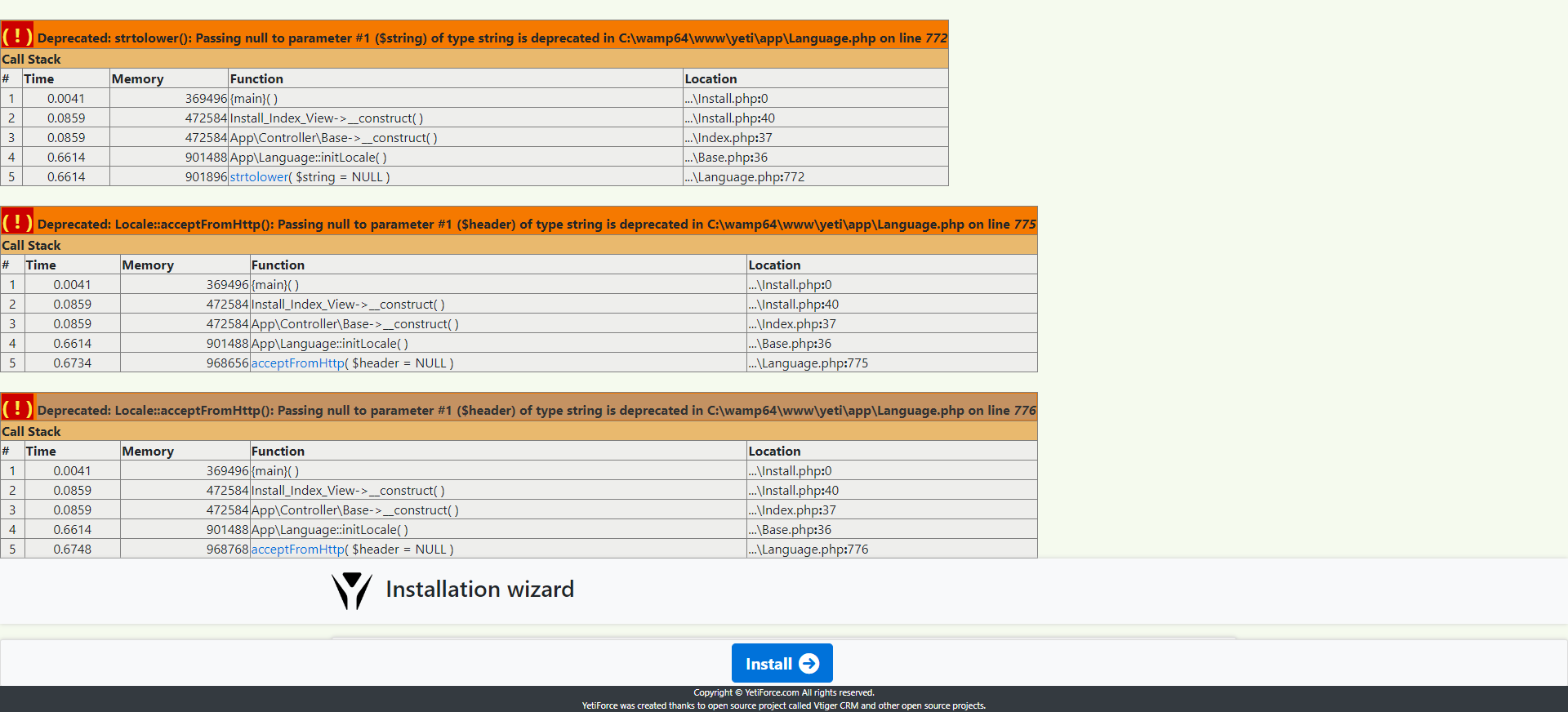 [bug / YetiForceCRM installer] strtolower() and Locale::acceptFromHttp() report null values ...