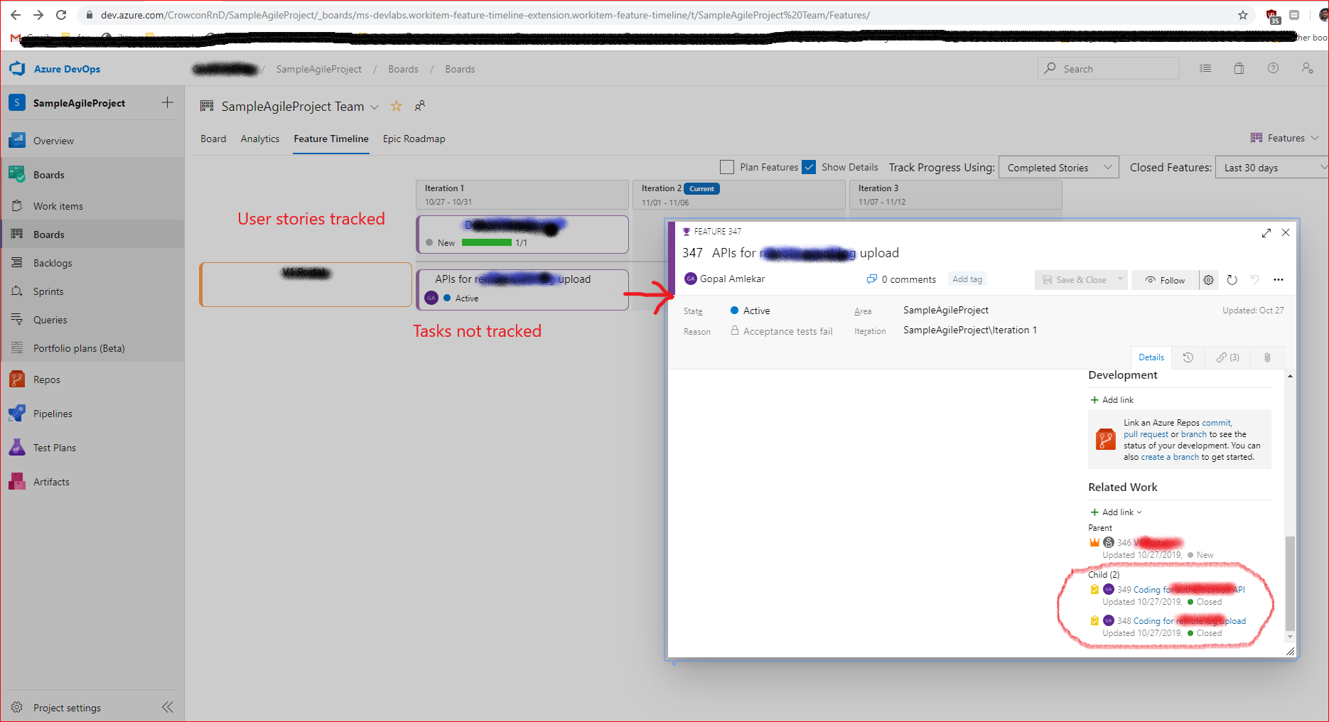 Feature timeline progress considers only 'user story' child items ...