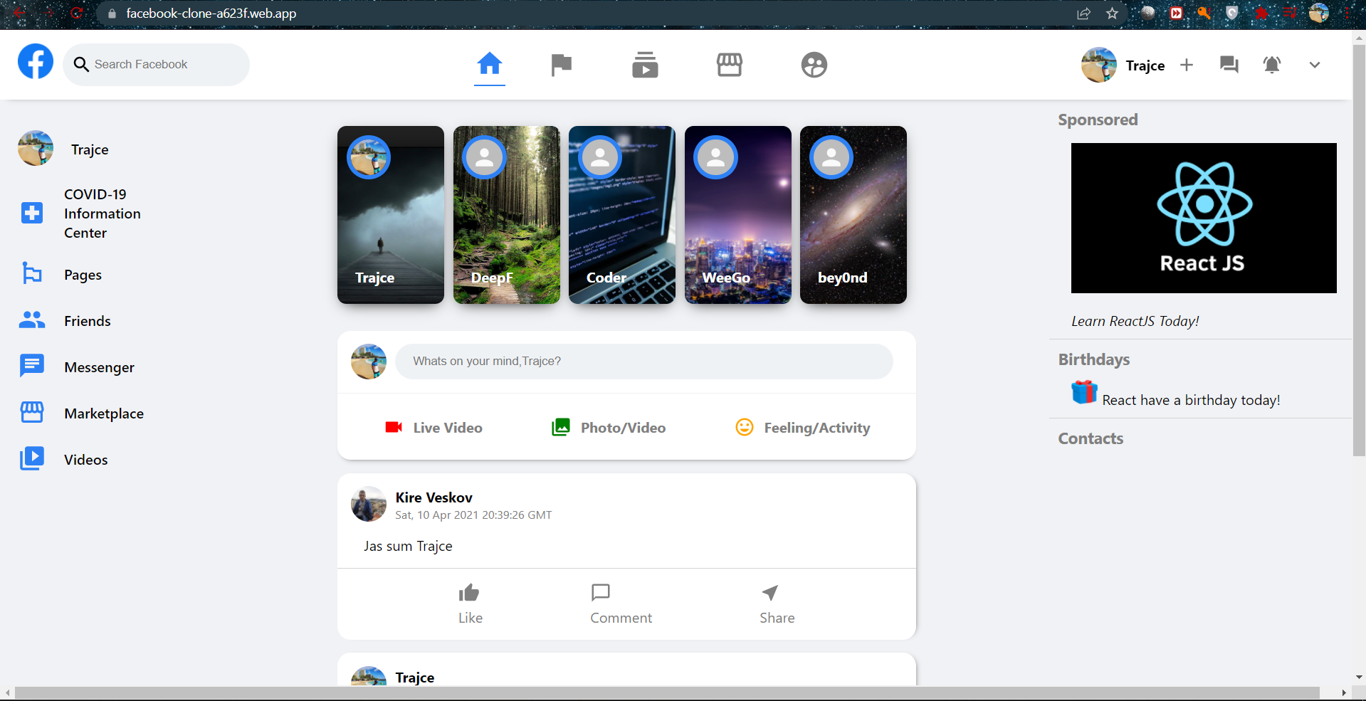 GitHub - trajcei/Facebook-Clone: Recreating Facebook using React