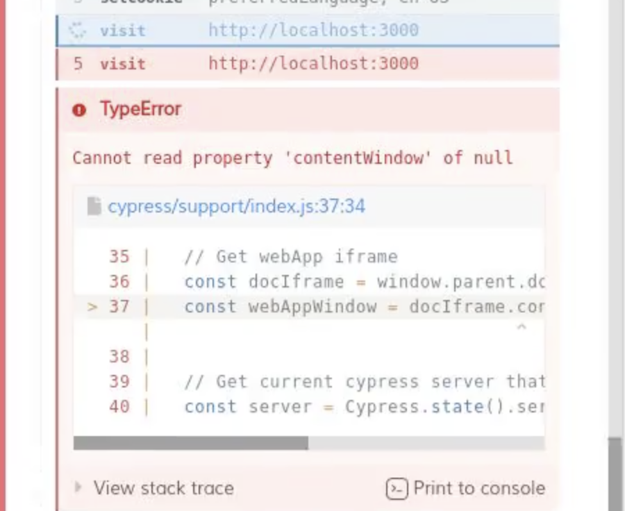Running Cypress Test On Docker Image Locally And The Test Fails Because Of `contentwindow` Of