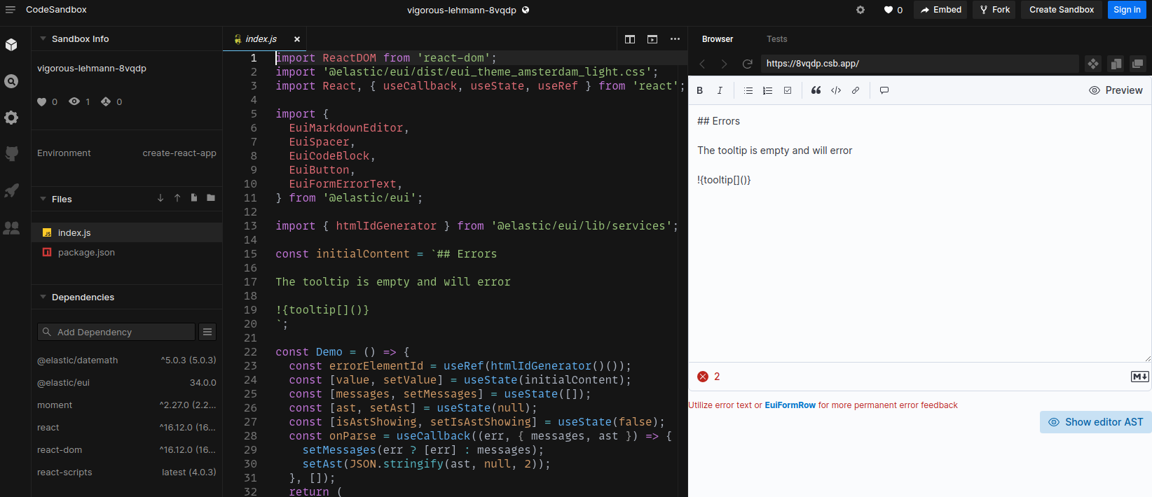 [EuiMarkdownEditor] CodeSandbox link in documentation is broken · Issue #4275 · elastic/eui · GitHub