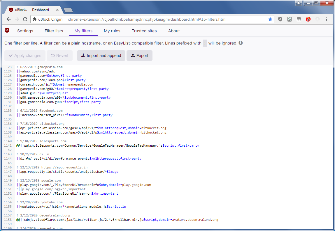 Lose all scrollbars in [My filters, My rules and Trusted sites ...