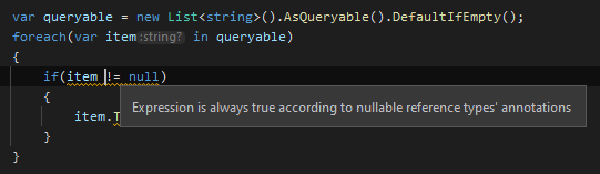 Iqueryabledefaultifempty Marked As Non Nullable Even Though It Can Return Null Values As A 