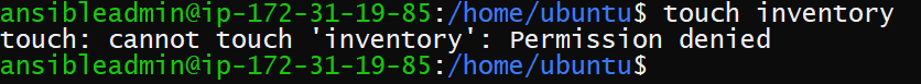 getting error while running touch cmd after creating user ansibleadmin user and giving sudo ...