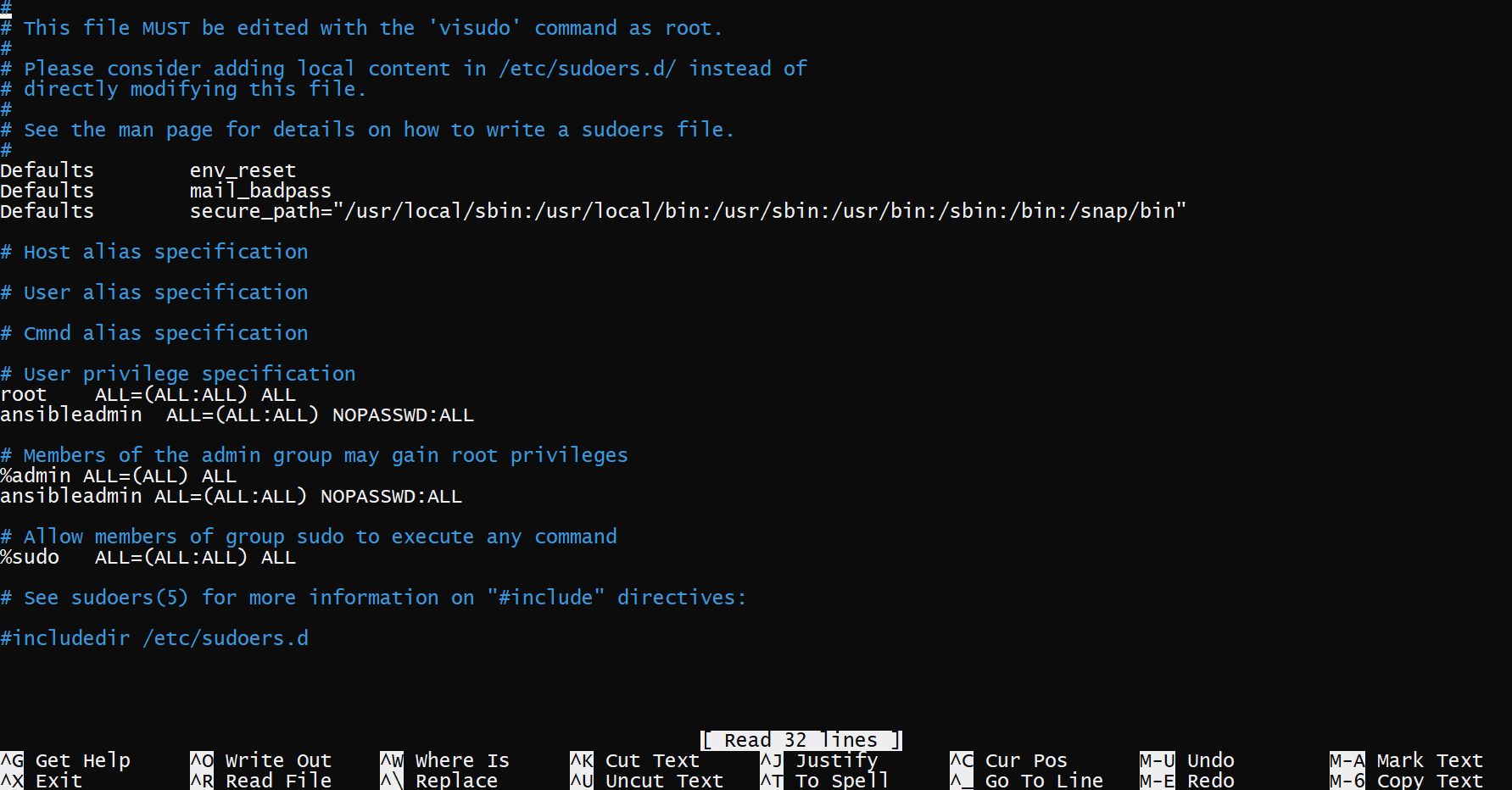 getting error while running touch cmd after creating user ansibleadmin user and giving sudo ...
