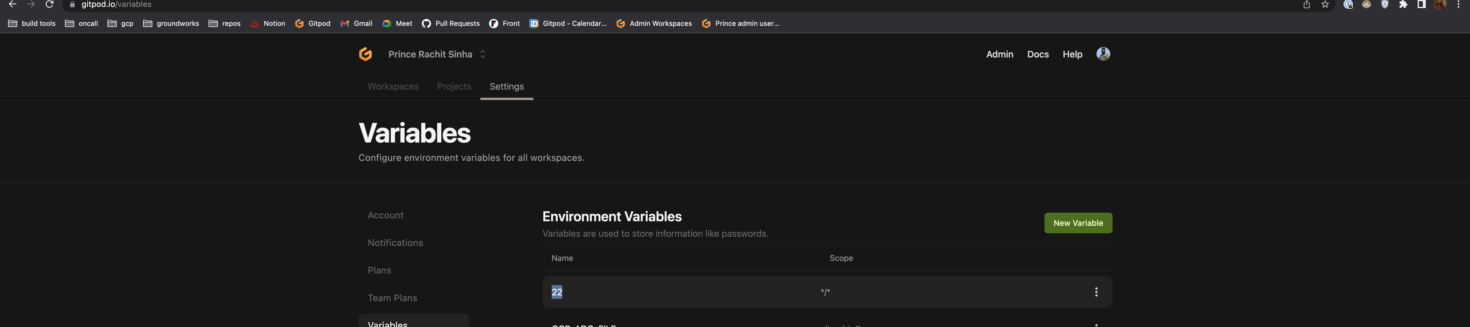 Gitpod Dashboard Settings Allows Passing Numbers As Keys For Environment Variable · Issue 8950 