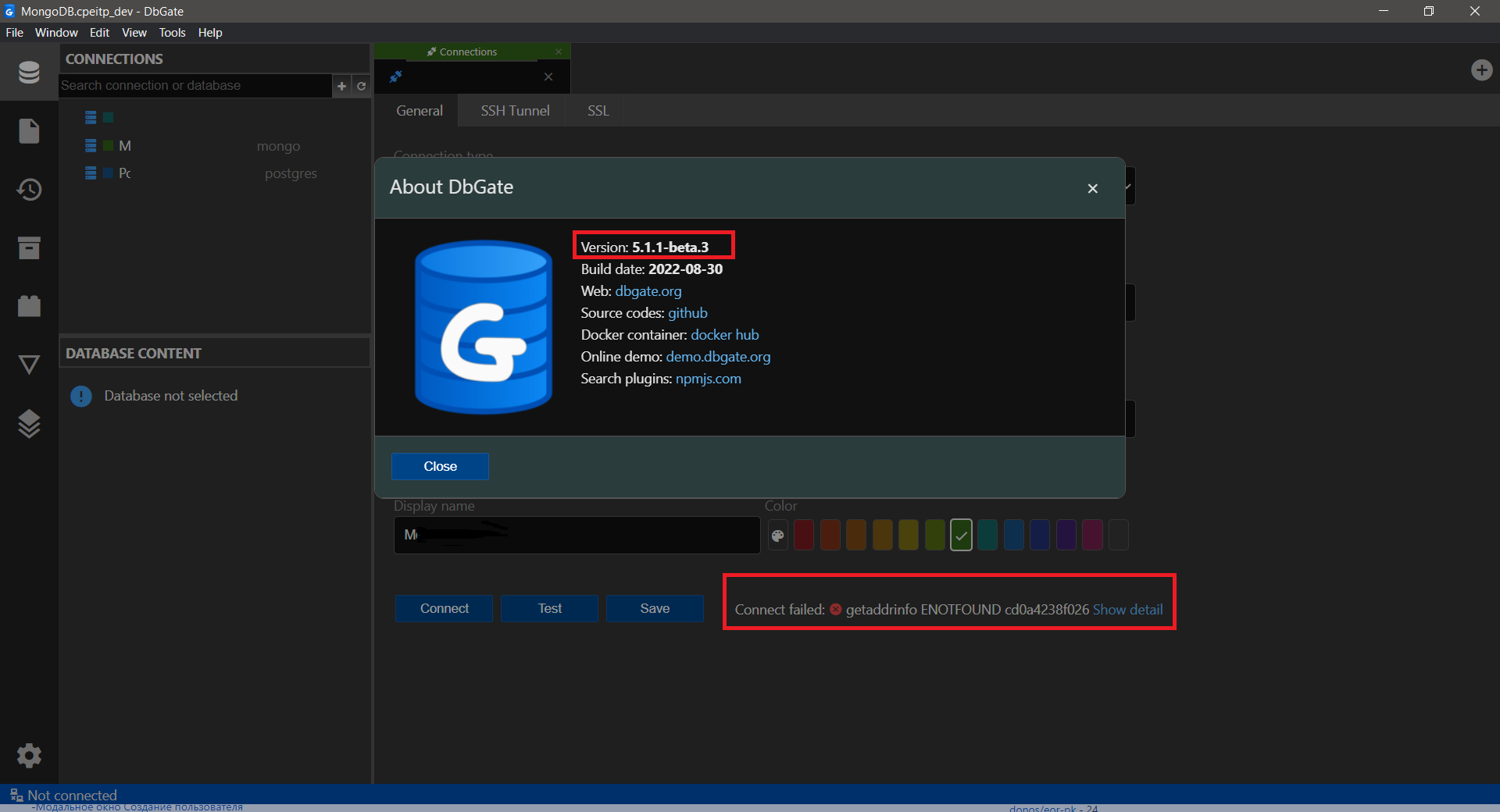 BUG:MongoDB connection ENOTFOUND error · Issue #355 · dbgate/dbgate · GitHub