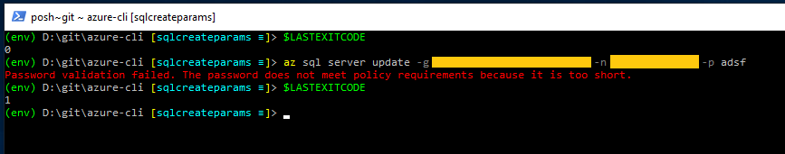 az sql server update -p returns zero exit code when password does not have sufficient complexity ...