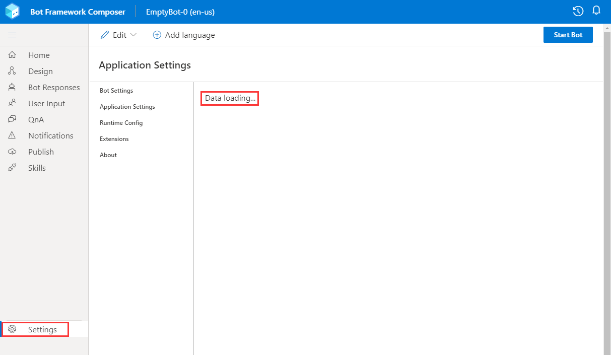 Click Settings page shows "Data loading" · Issue #4679 · microsoft/BotFramework-Composer · GitHub