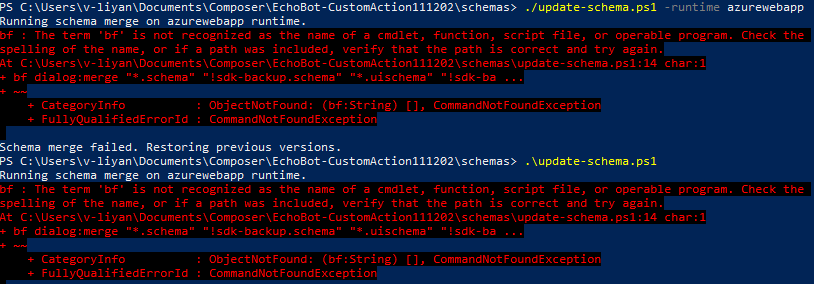 Error Processing Schema - Custom Action · Issue #4715 · microsoft/BotFramework-Composer · GitHub
