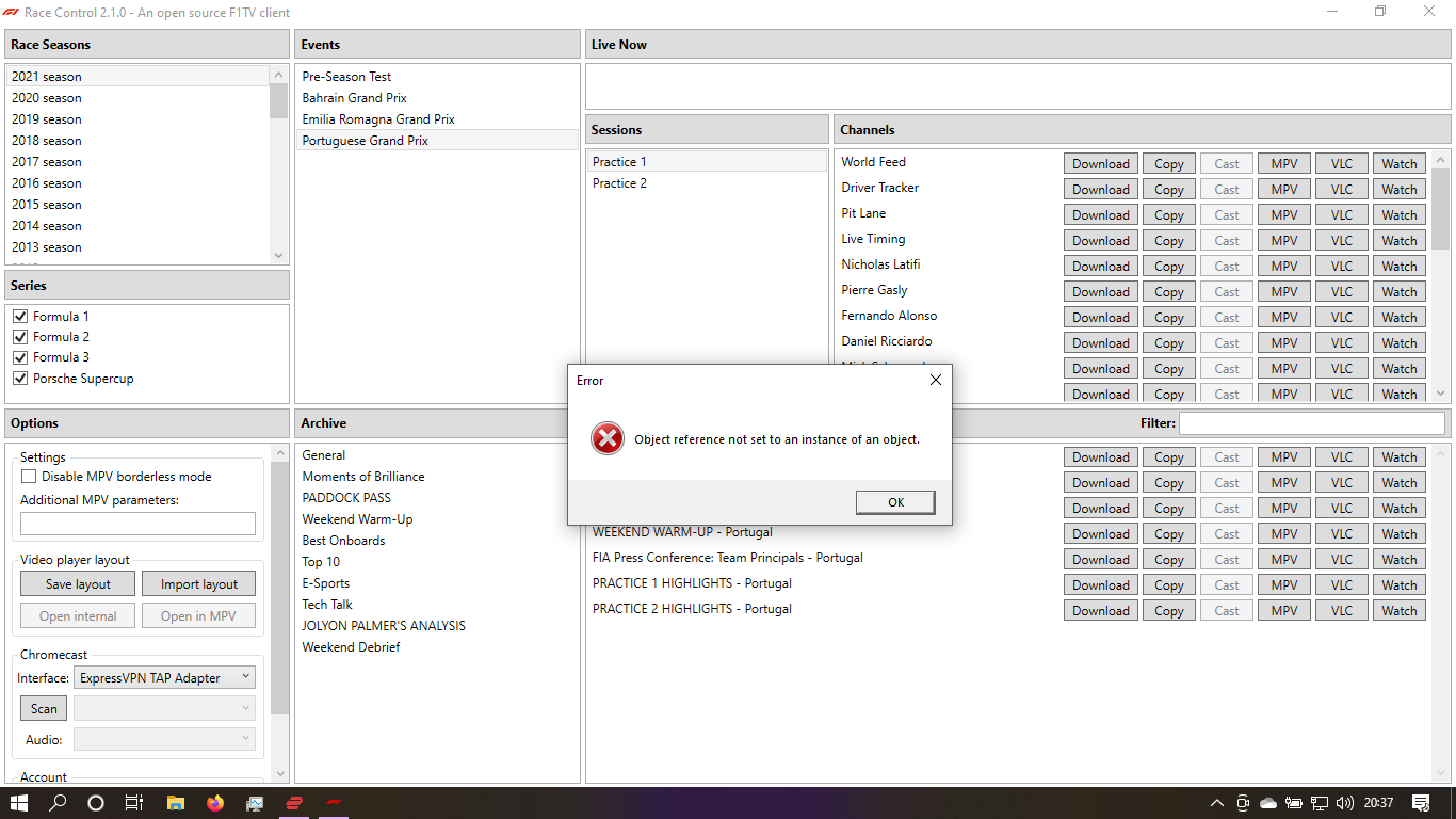 [BUG] Unable to play via MPV, VLC or internal player. · Issue #107 · robvdpol/RaceControl · GitHub