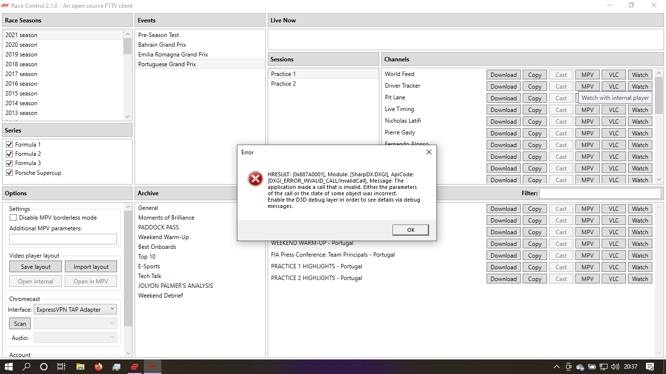 [BUG] Unable to play via MPV, VLC or internal player. · Issue #107 · robvdpol/RaceControl · GitHub