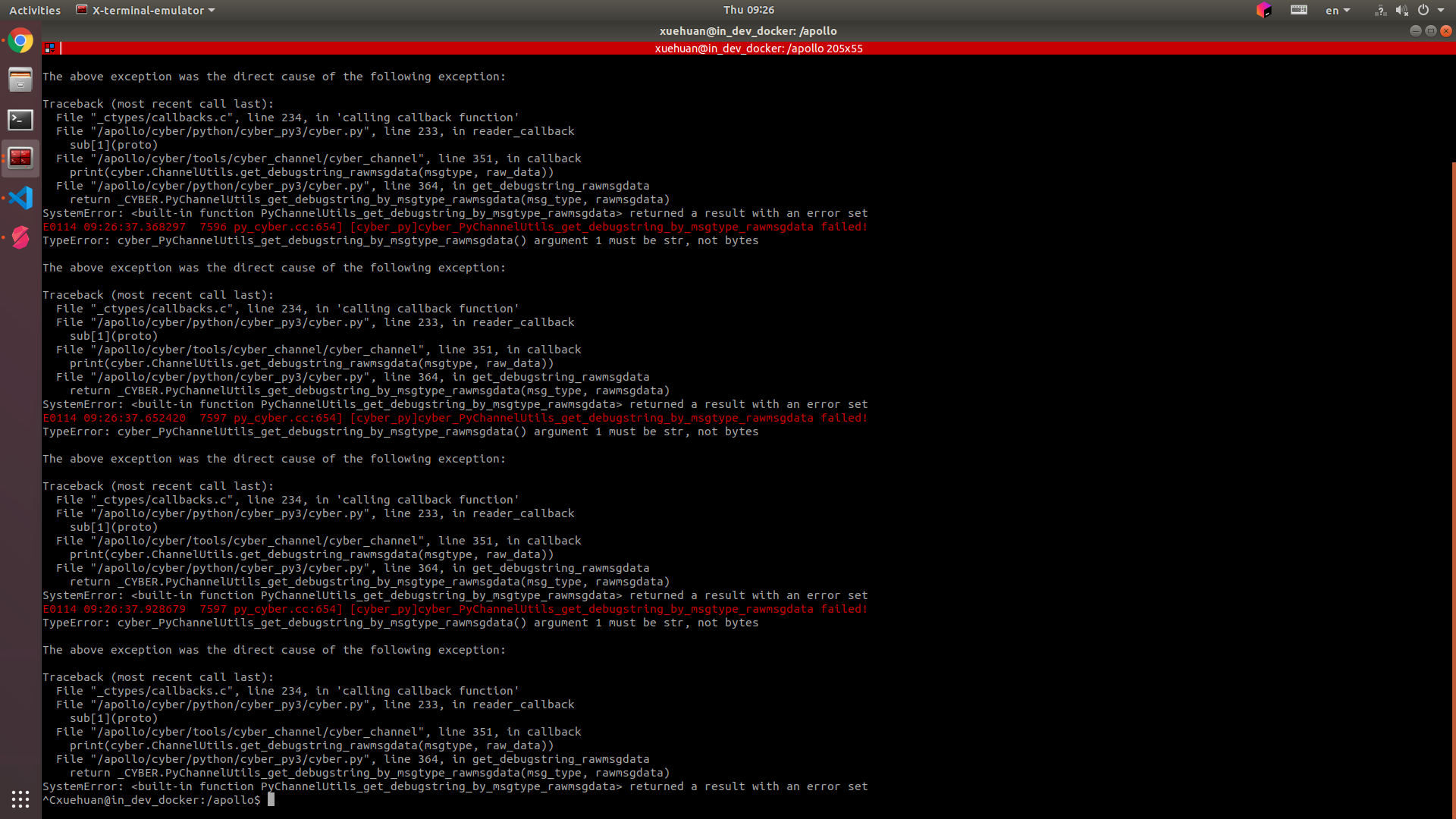 cyber_channel echo TypeError: cyber_PyChannelUtils_get_debugstring_by_msgtype_rawmsgdata ...